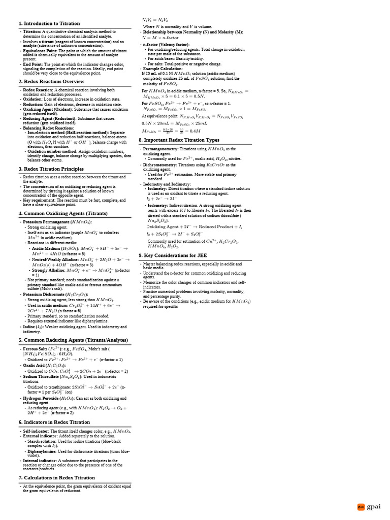 Redox Reaction Cheat Sheet | PDF | Titration | Chemistry