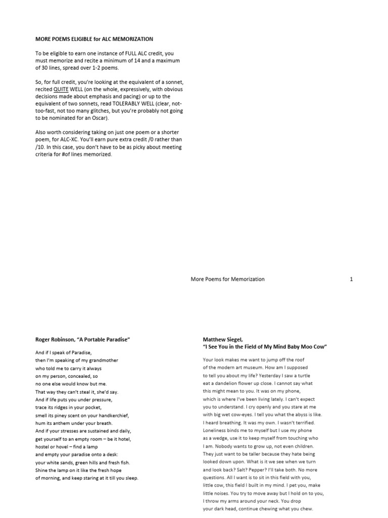 ALC V-MEM MORE Poems for Memorization 2022 | PDF