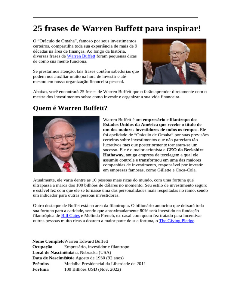 25 Frases de Warren Buffett para Inspirar | PDF | Warren Buffett | Dinheiro
