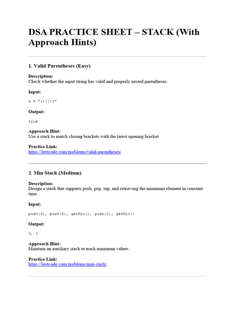 Dsa Practice Sheet – Stack (With Approach Hints) | PDF | Mathematics ...