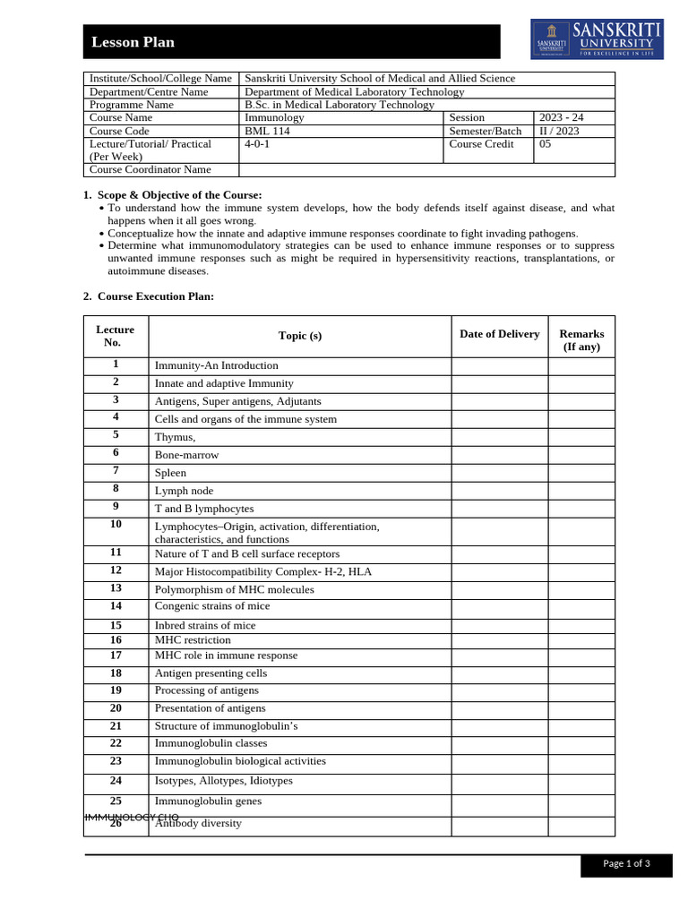 Lesson Plan BML 114 Immunology | PDF | Immune System | Antibody
