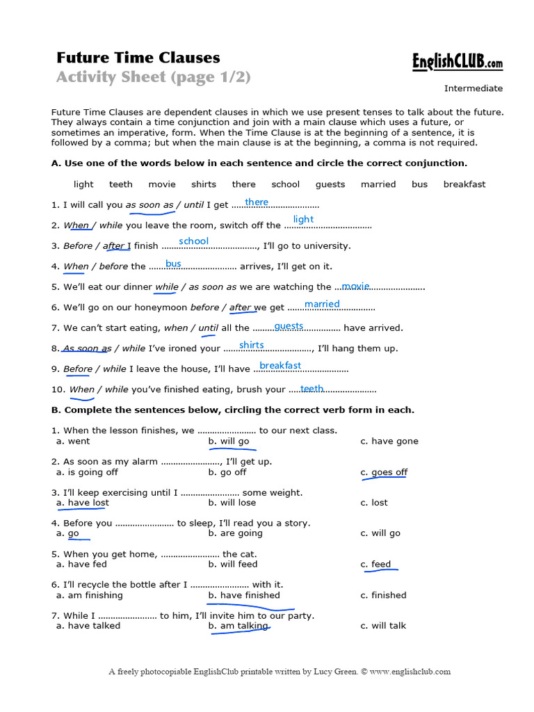 Future Time Clauses Activity | PDF | Language Mechanics | Grammar