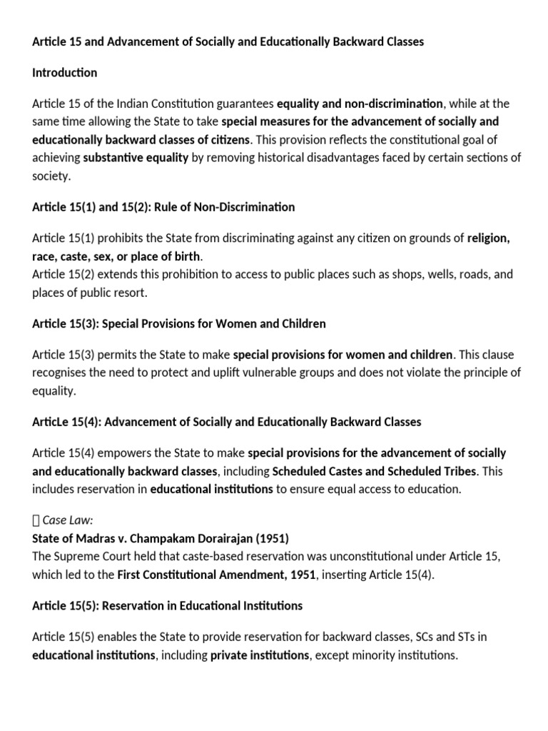 Article 15 and Advancement of Socially and Educationally Backward ...