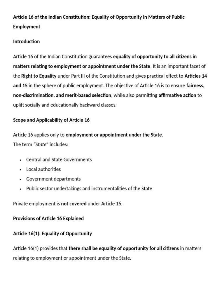 Article 16 of The Indian Constitution | PDF | Equal Opportunity ...