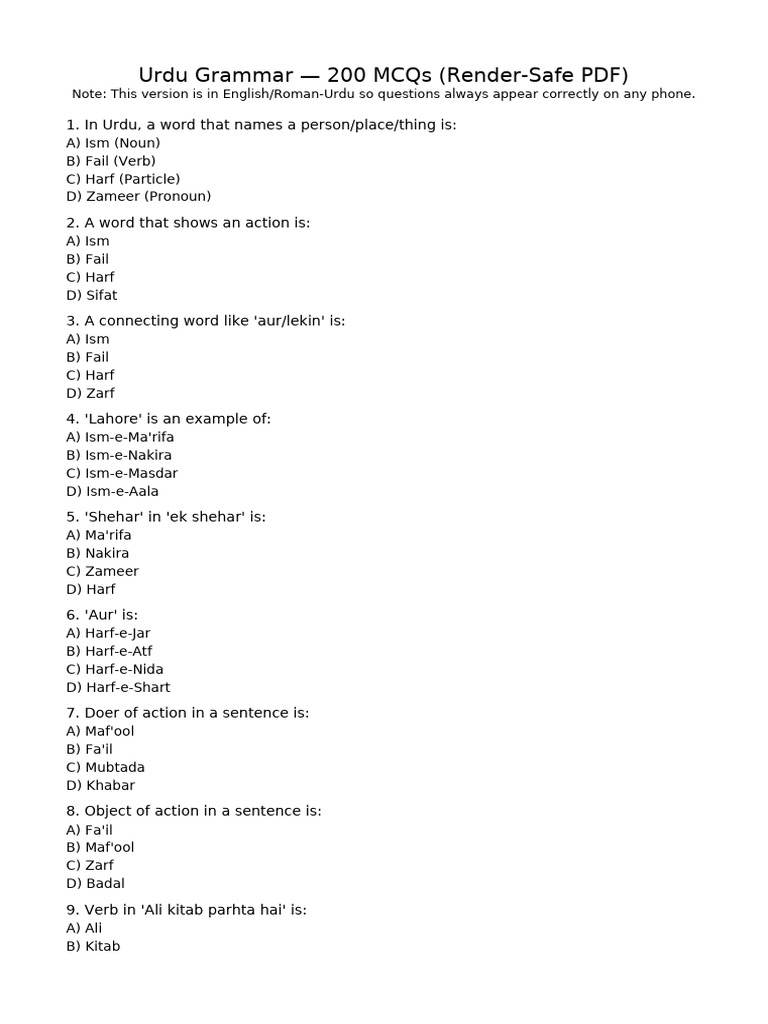 Urdu Grammar 200 MCQs RenderSafe EnglishRoman | PDF | Verb | Pronoun