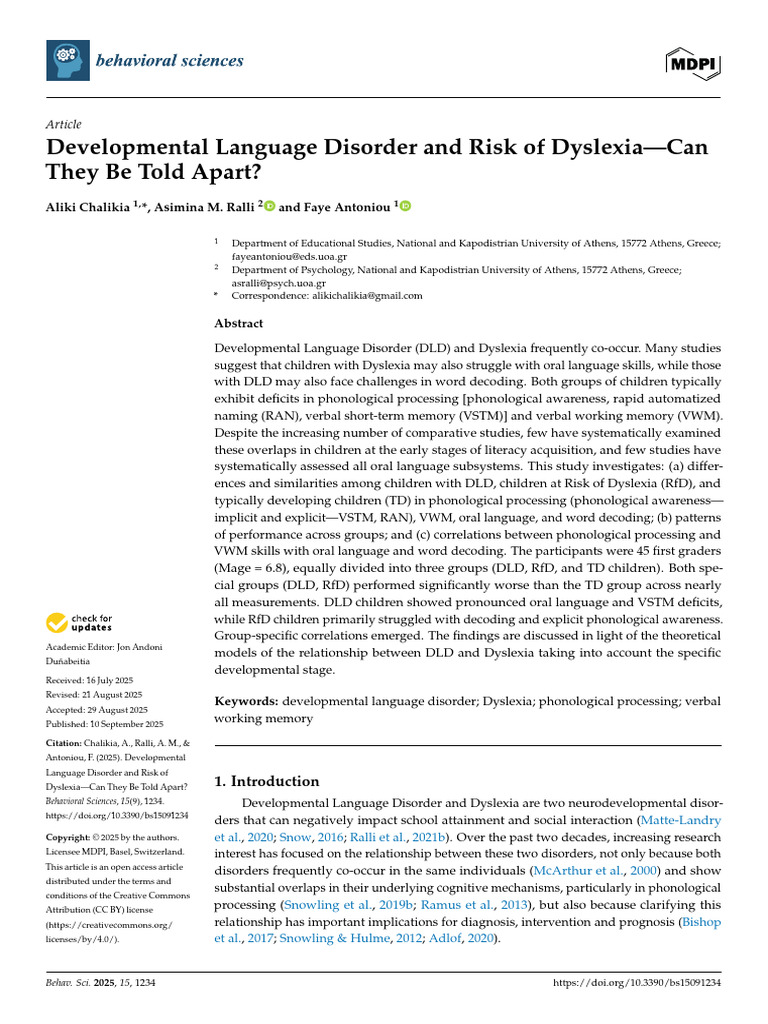 Developmental Language Disorder and Risk of Dyslexia-Can They Be Told ...
