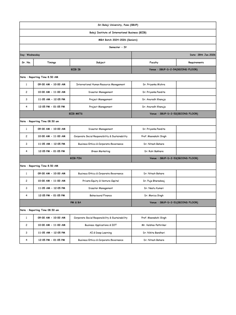 Seniors BIIB Schedule Dated On 28th Jan 2026 | PDF | Business ...