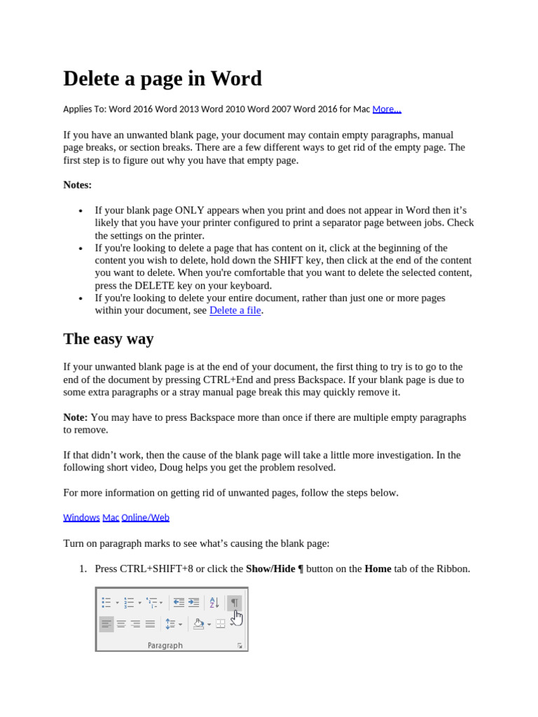 WORD - Delete A Page in Word | PDF | Paragraph | Computer Keyboard