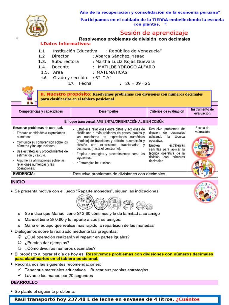 SESIÓN MAT - Problemas de Divisiones Con Decimales | PDF | División (Matemáticas) | Decimal