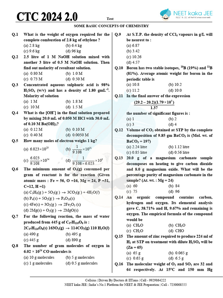 CTC Test 2 Chemistry Some Basic Concepts of Chemis 260121 143558 | PDF ...