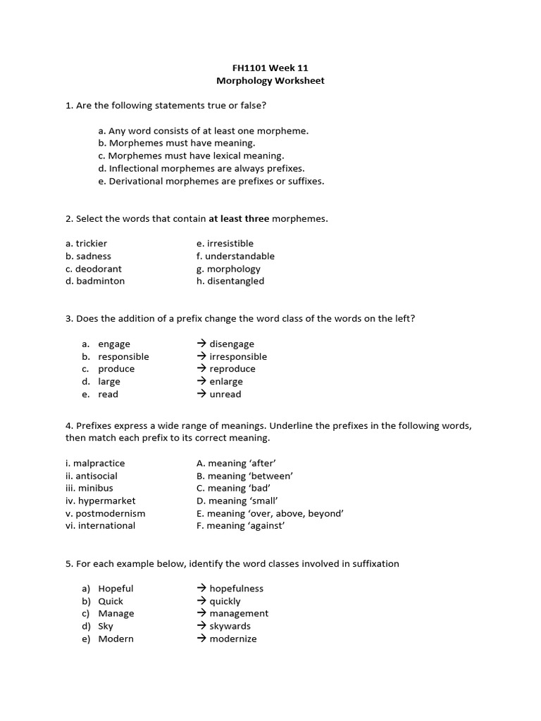 FH1101 Wk10 Sem3 Worksheet Morphology | PDF | Morphology (Linguistics ...
