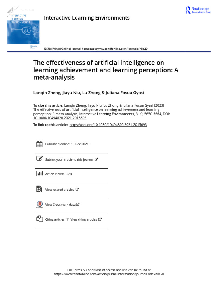The effectiveness of artificial intelligence on learning achievement and learning perception A ...