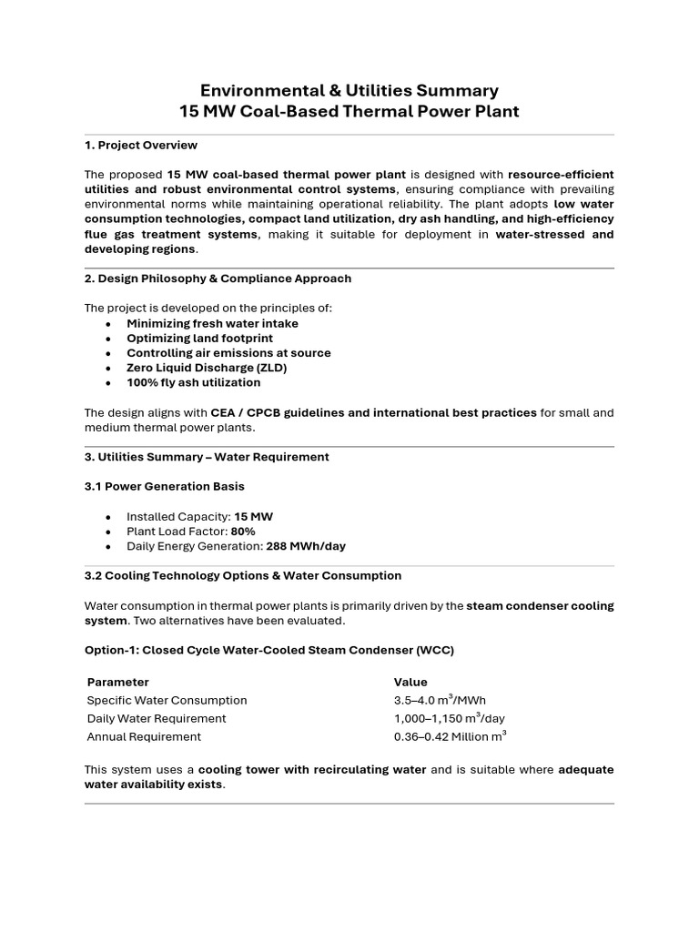 Environmental & Utilities Summary 15 MW Coal-Based Thermal Power Plant ...