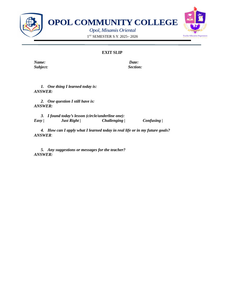 Exit Slip Template | PDF