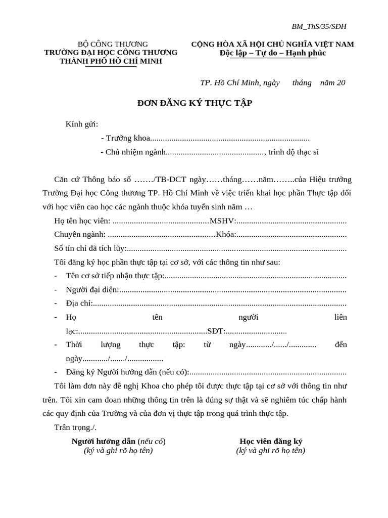 Phieu Dang Ky Thuc Tap | PDF