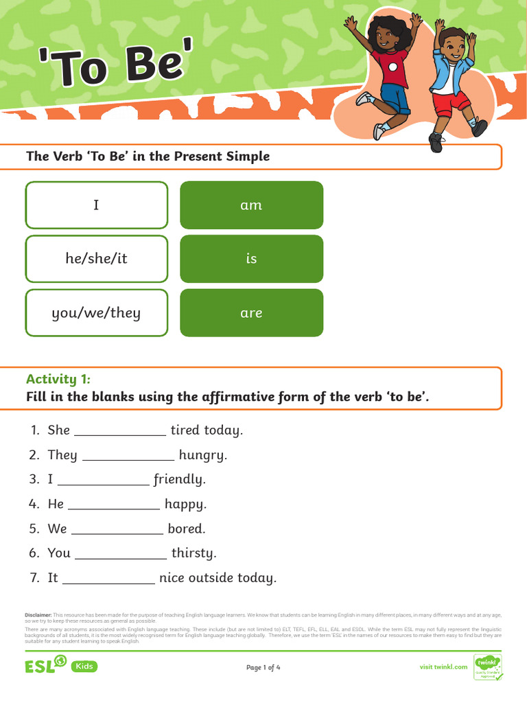 ESL The Verb - To Be - Present Simple Activity Sheet | PDF | English As ...