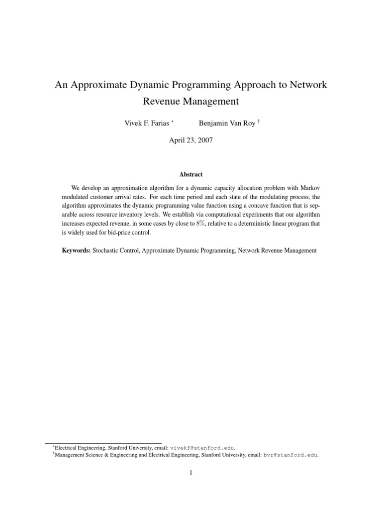 An Approximate Dynamic Programming Approach To Network Revenue Management | PDF | Mathematical ...