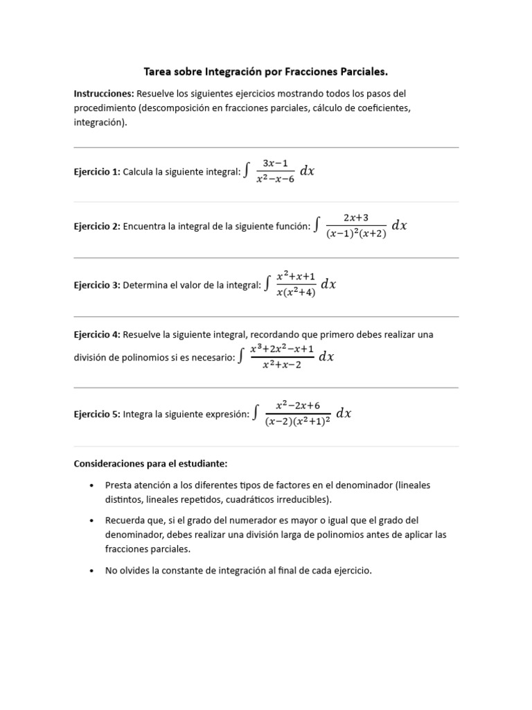 Tarea+Sobre+Integraci%C3%B3n+Por+Fracciones+Parciales | PDF | Integral ...