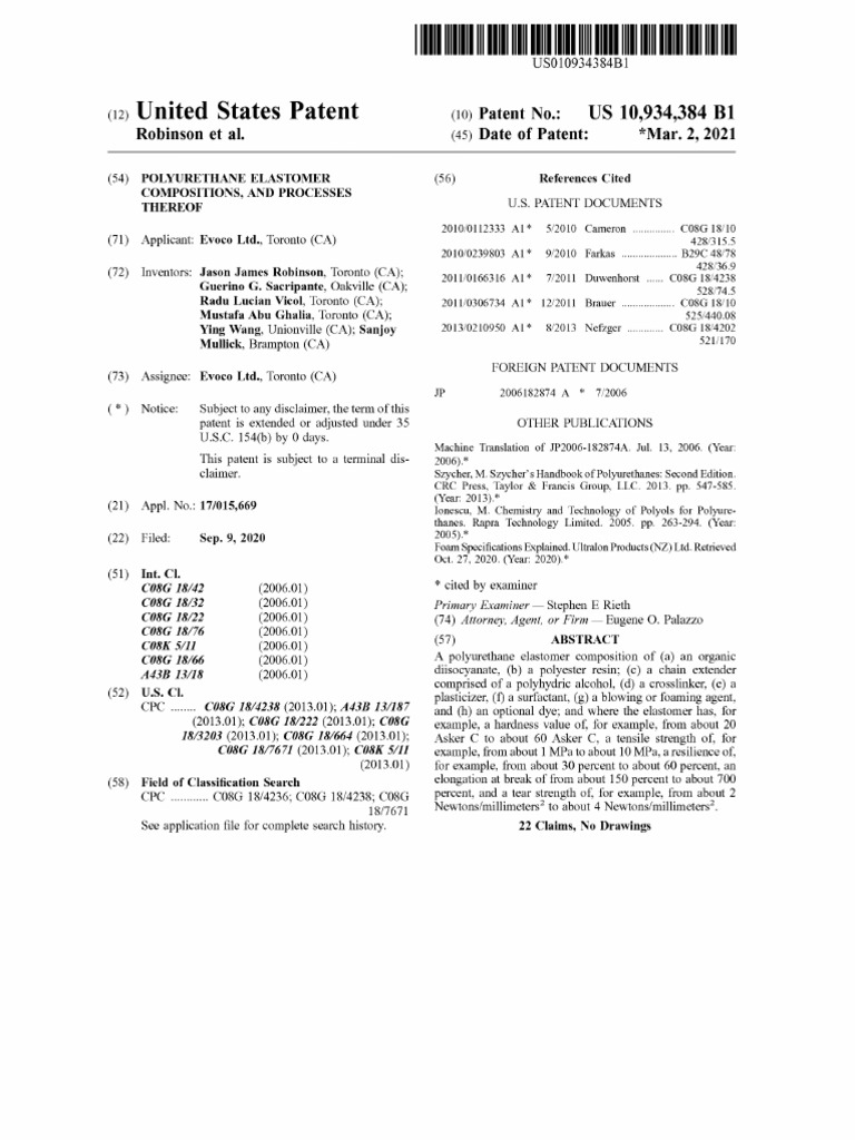 Evoco_PolyurethaneElastomerCompositions_pat10934384_March2_2021 | PDF