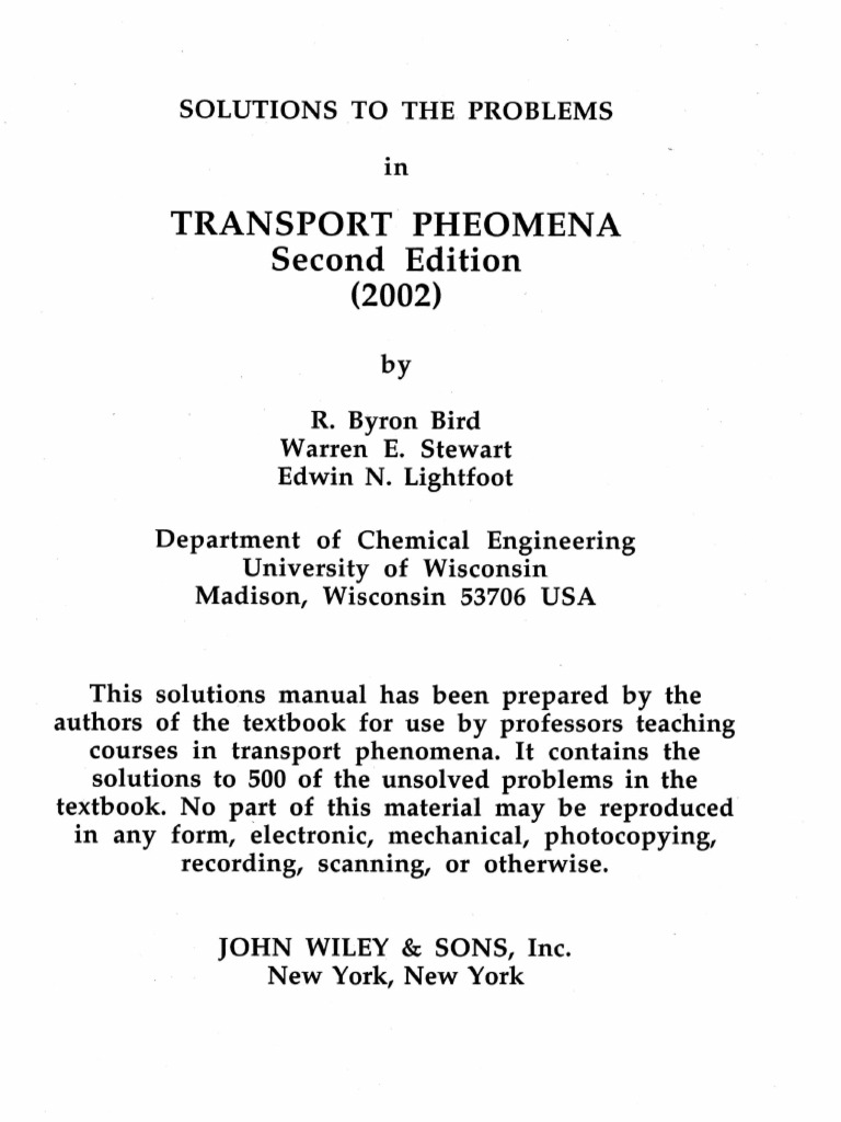 Transport Phenomena 2nd Ed by Bird Stewart Lightfoot Solution Manual ...