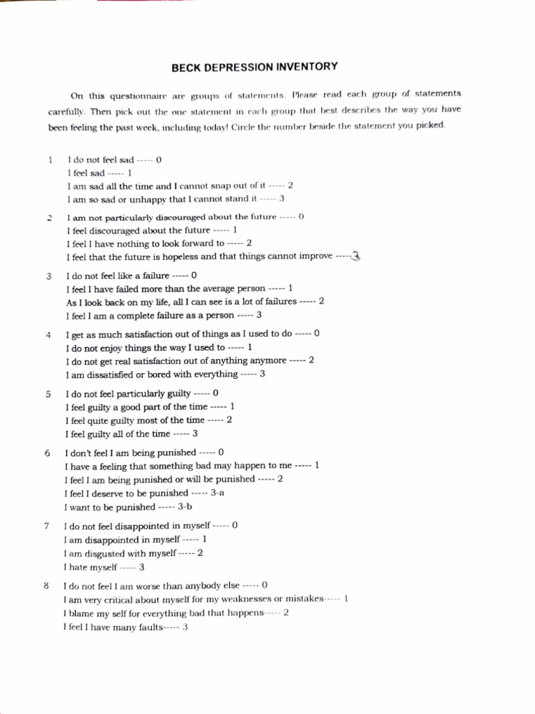 Beck Depression Inventory BDI | PDF | Emotions | Psychology