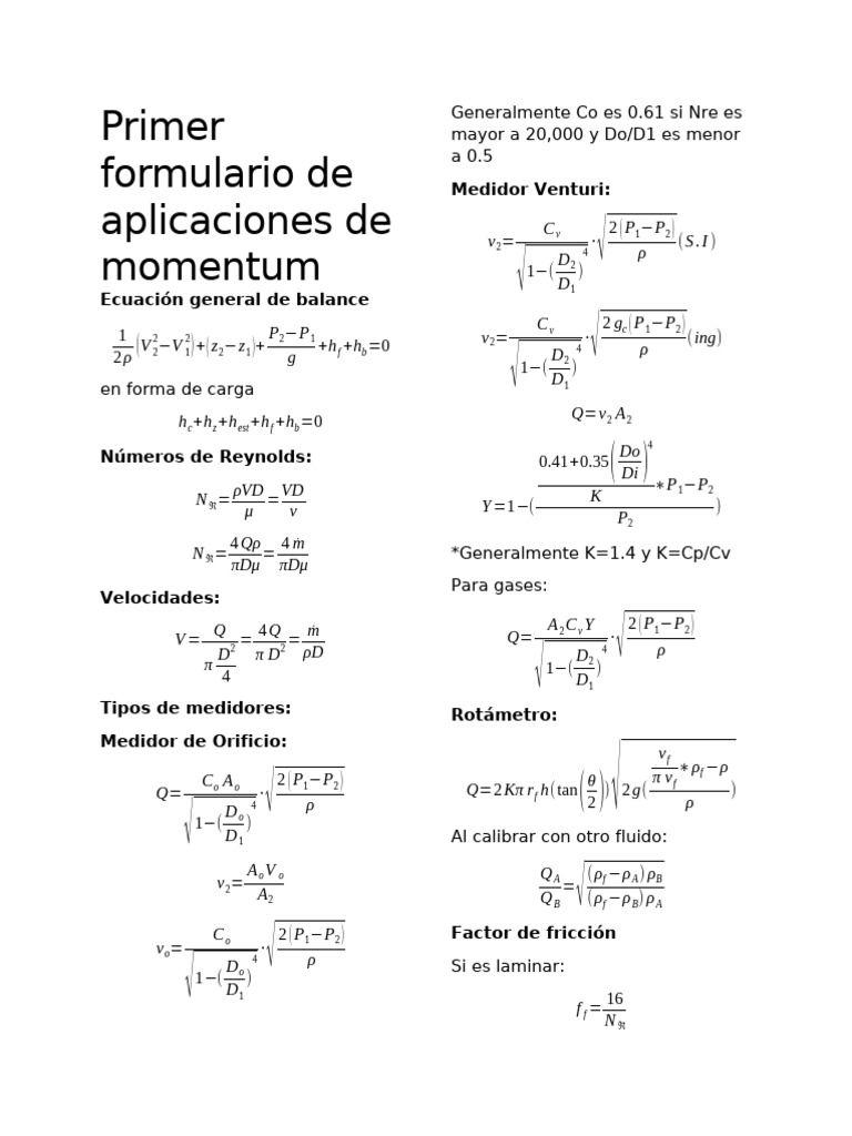 primer formulario momentum | PDF | Ingeniería mecánica | Mecánica