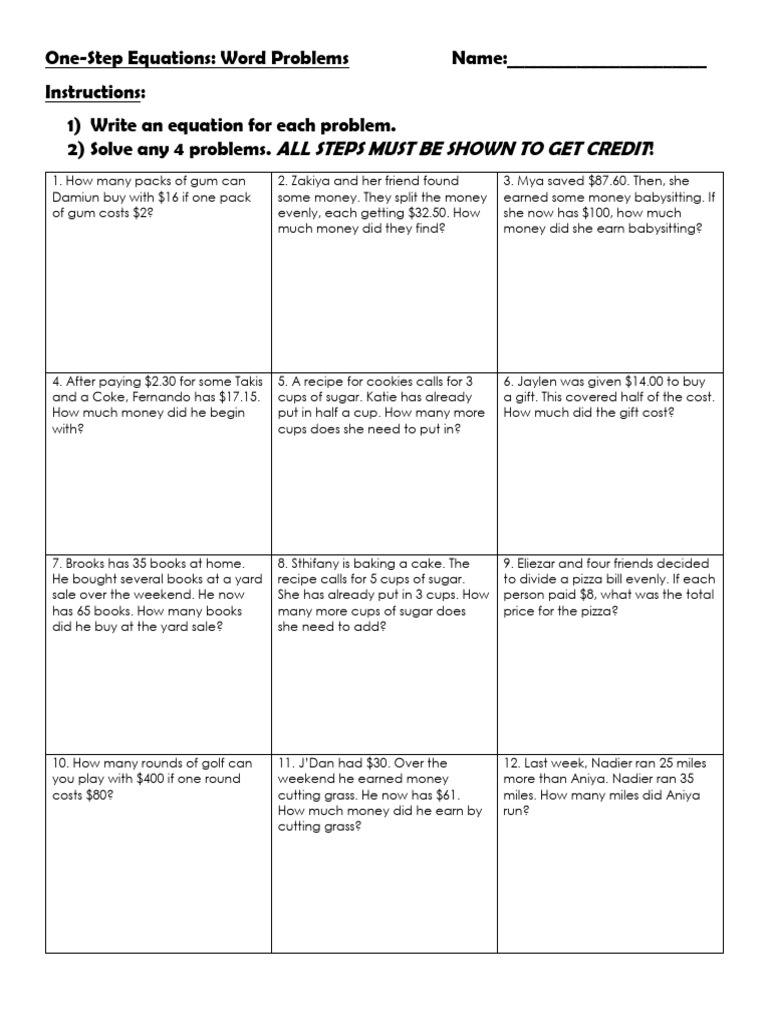 Word Problems Involving One Step Equations W Key | PDF | Chess Openings ...