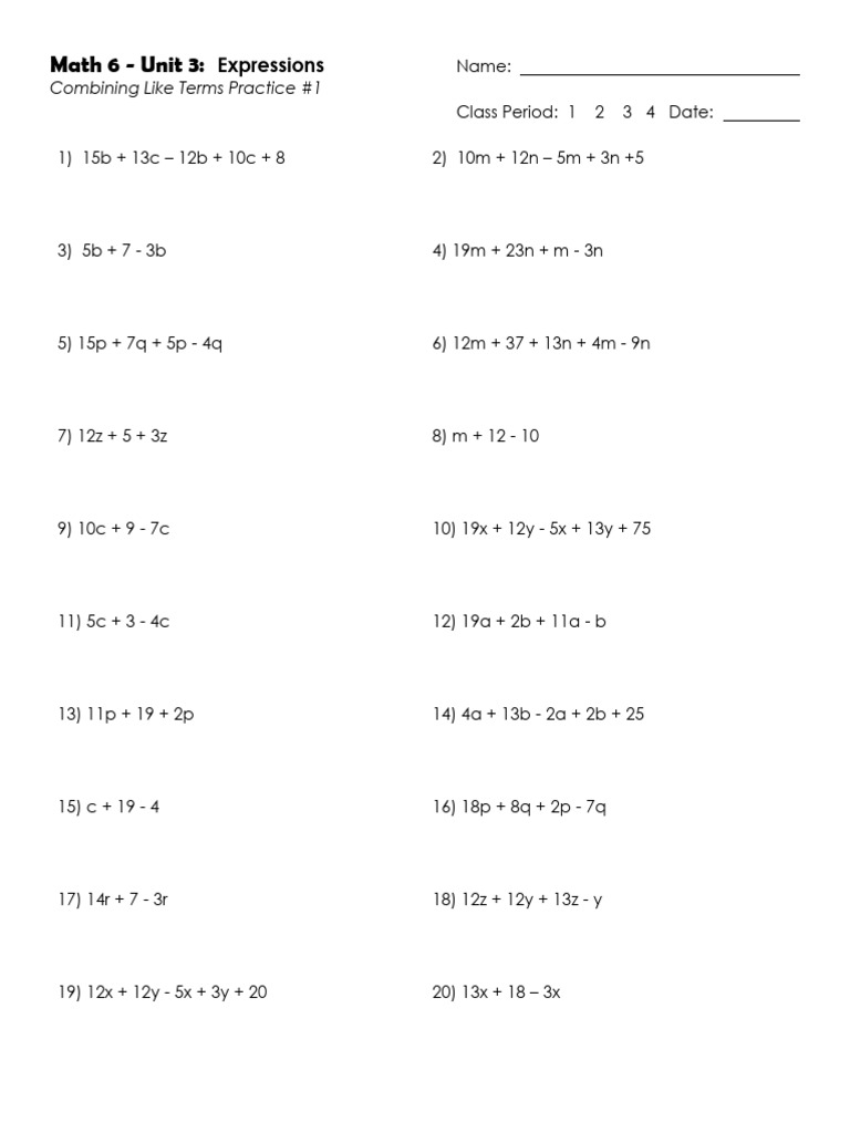 11-21-19 Ol Combining Like Terms Worksheet With Key | PDF