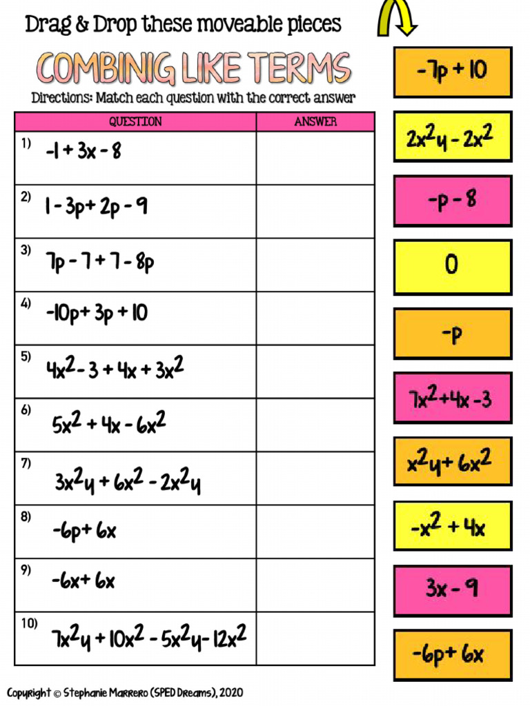 Combining Like Terms _Drag & Drop_ Matching Activity - Google Slides | PDF