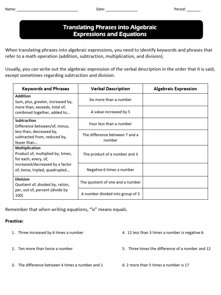 Translating Phrases Into Algebraic Expressions and Equations | PDF ...