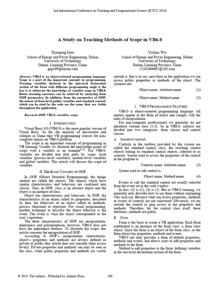 A Study On Teaching Methods of Scope in VB6.0: Xiaoping Guo Yichao Wu ...