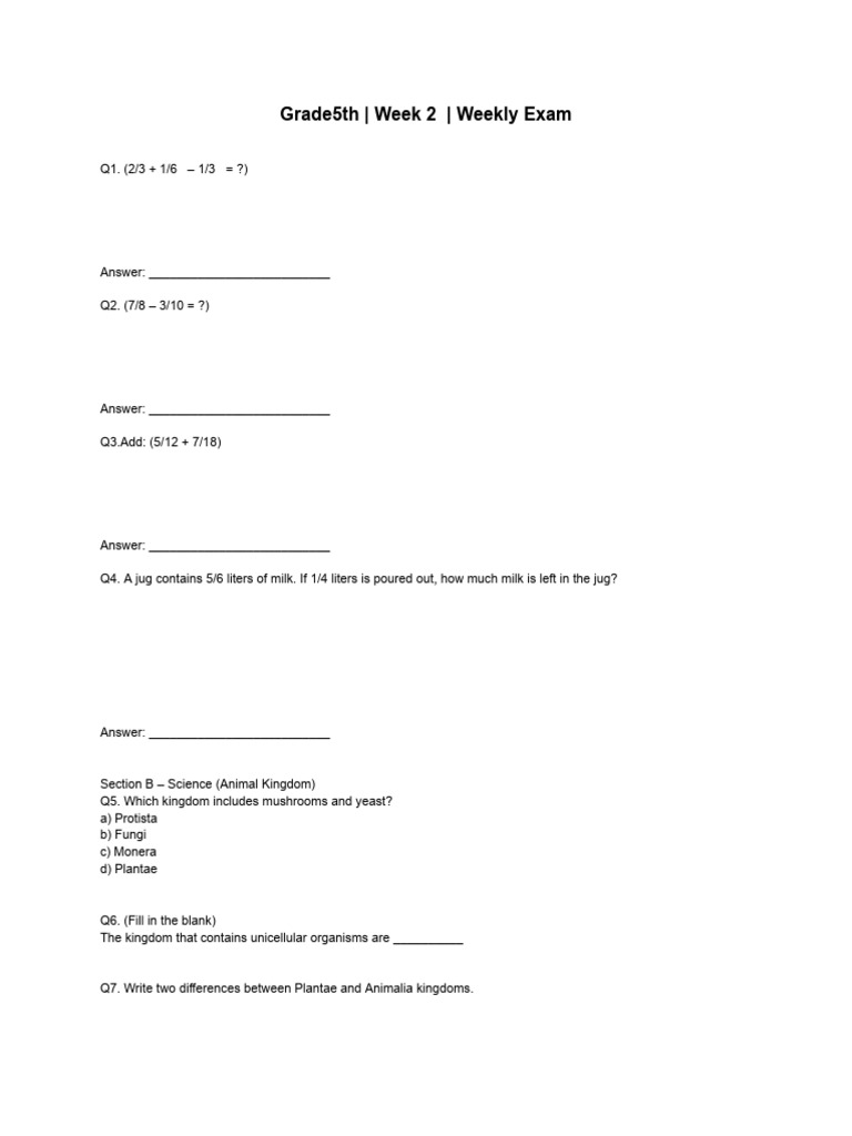 Grade5th _ Week 2 _ Weekly Exam | PDF
