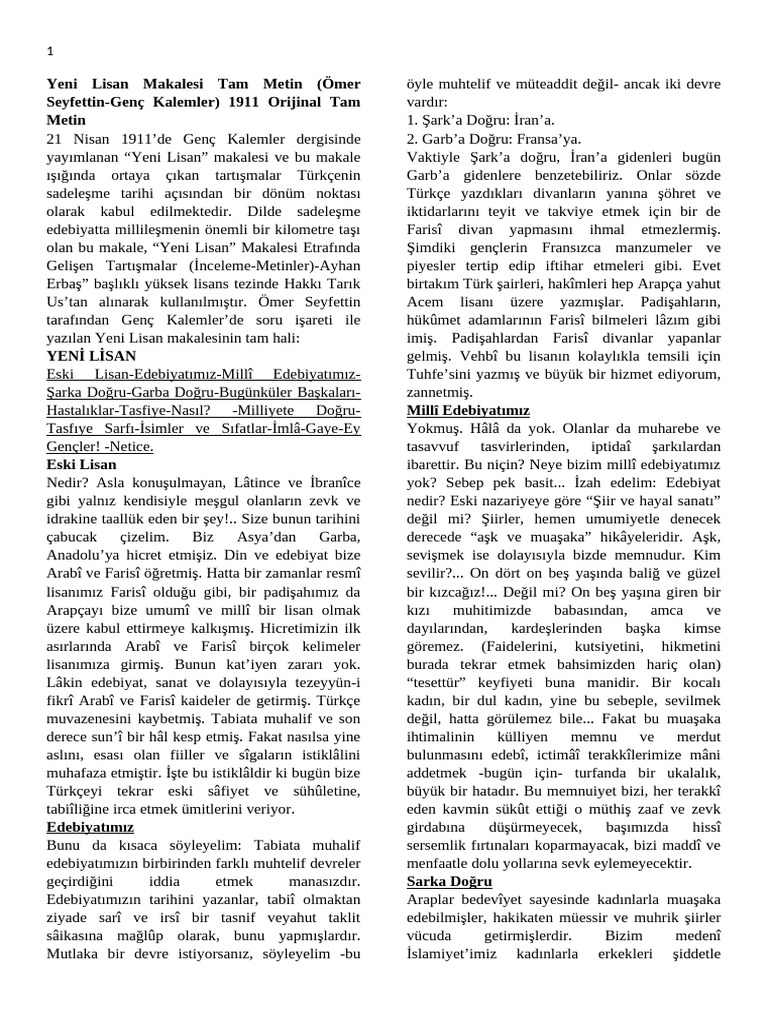 Yeni Lisan Makalesi Tam Metin | PDF