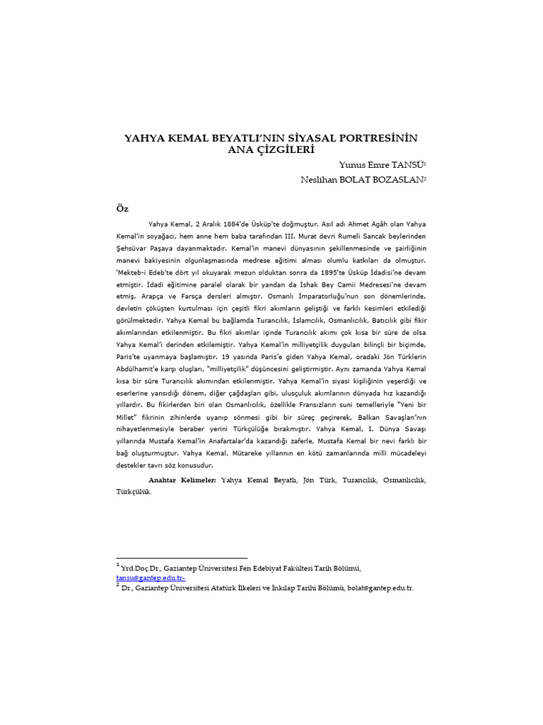 Yahya Kemal Beyatli Nin s Yasal Portres n n Ana Zg Ler [#434994]-491314 ...