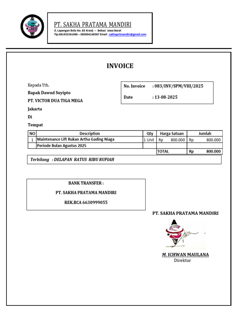Invoice Servis Lift Rukan Artha Gading Niaga | PDF