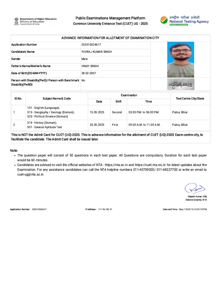 Examinationservices.nic.in ExamSys25 DownloadAdmitCard FrmExamCityCuet ...