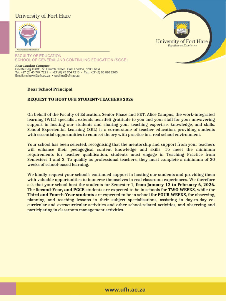 Placement Letter for Year 2, 3, 4 and PGCE to School Principals ...