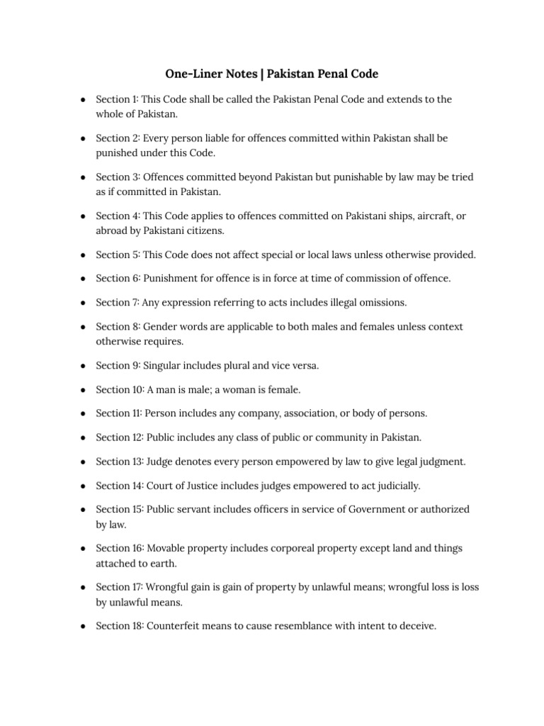 One-Liner Notes Pakistan Penal Code | PDF | Robbery | Kidnapping