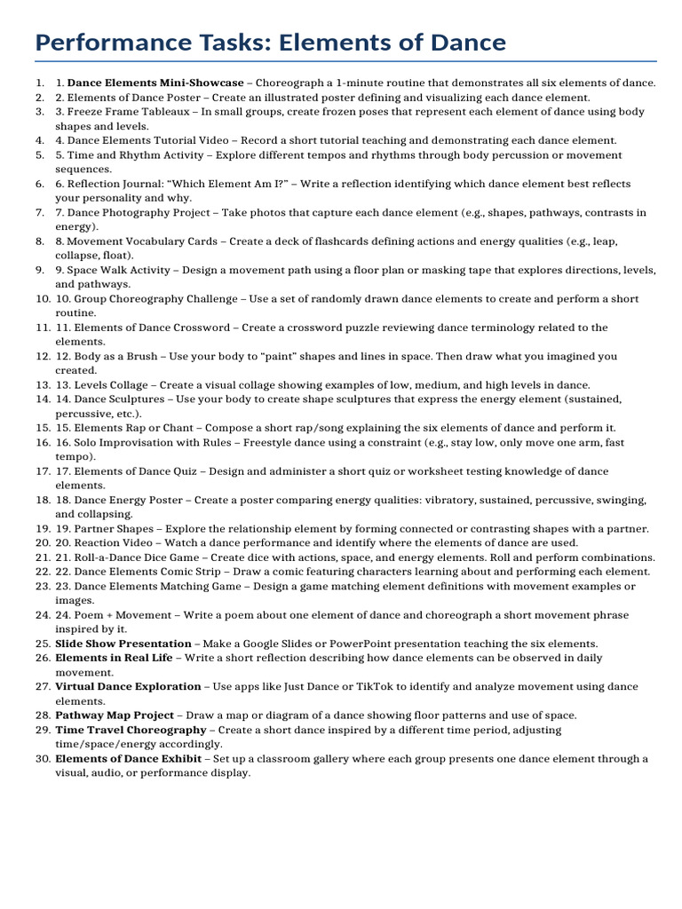 Elements of Dance Performance Tasks | PDF | Dances | Choreography