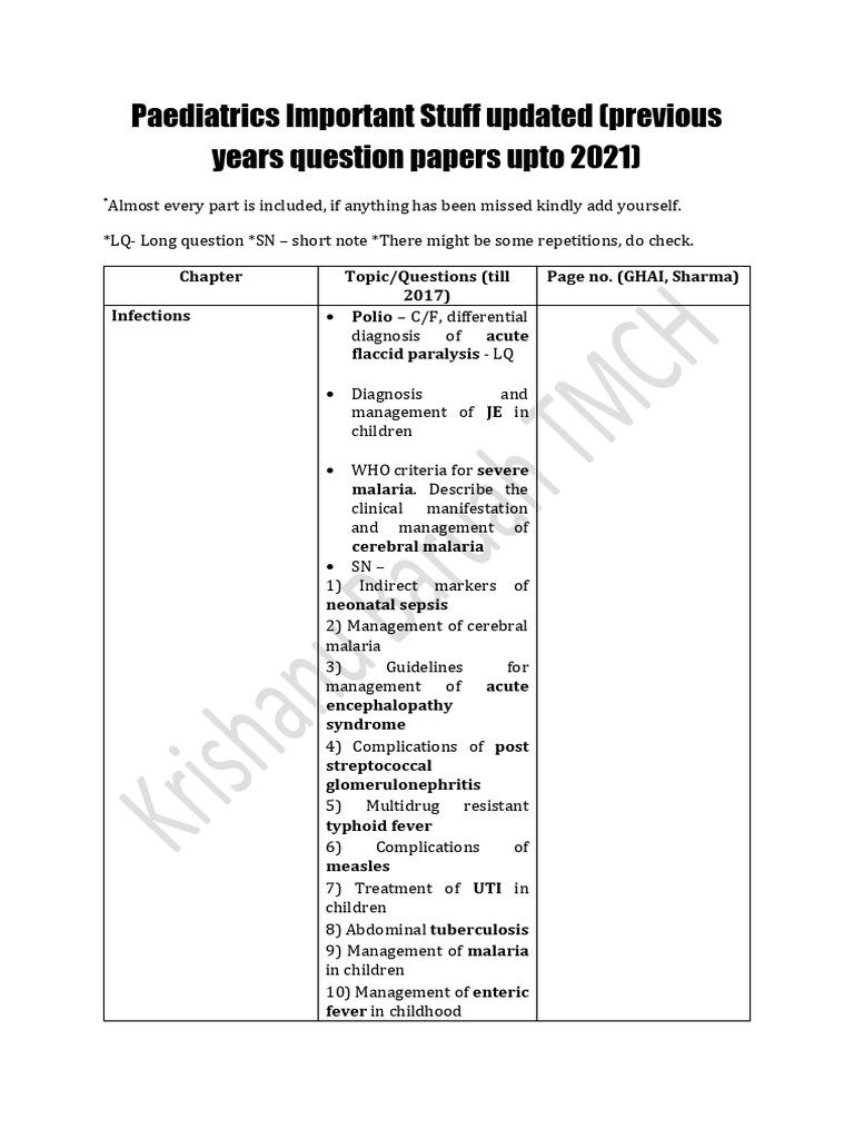 Pediatrics Important Questions | PDF | Hepatitis | Diarrhea