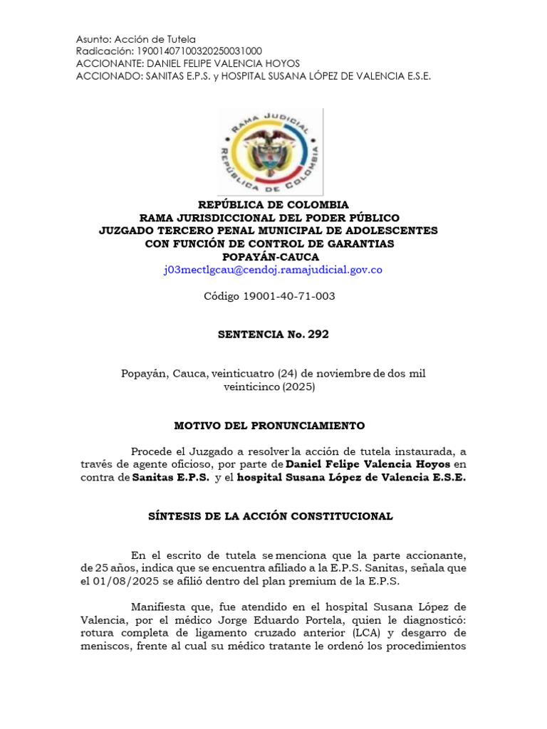 009FalloTutela_251124_161144 | PDF | Rodilla | Hospital