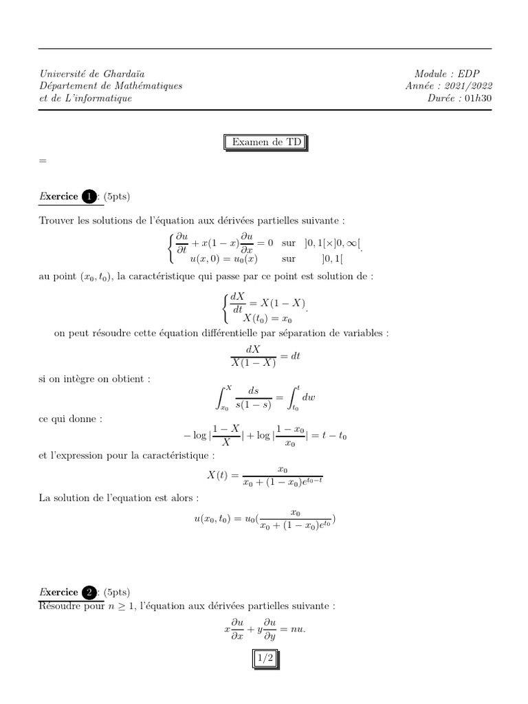 Co Examen Edp TD r2021 22 | PDF | Équation aux dérivées partielles | Calcul