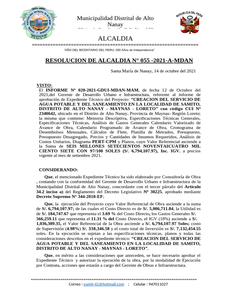 R.A N° 055-2021 Aprob. Exped. Tecn Agua Samito - OK | PDF | Presupuesto
