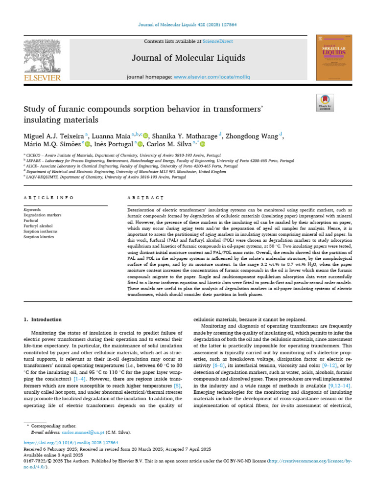 Study of Furanic Compounds Sorption Behavior in Transformers Insulating ...