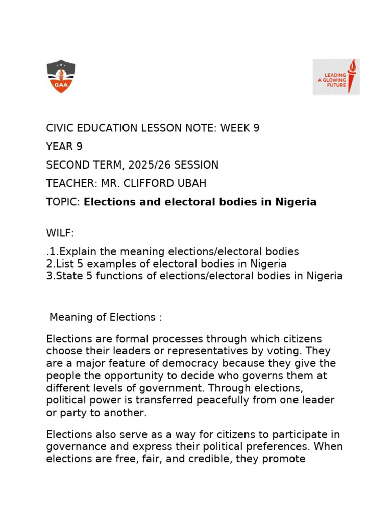 Year 9 Civics Lesson Note, Week 9, Second Term, 2026 | PDF | Elections ...