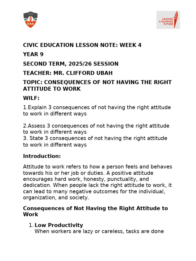 Year 9 Civics Lesson Note, Week 4, Second Term, 2026 | PDF