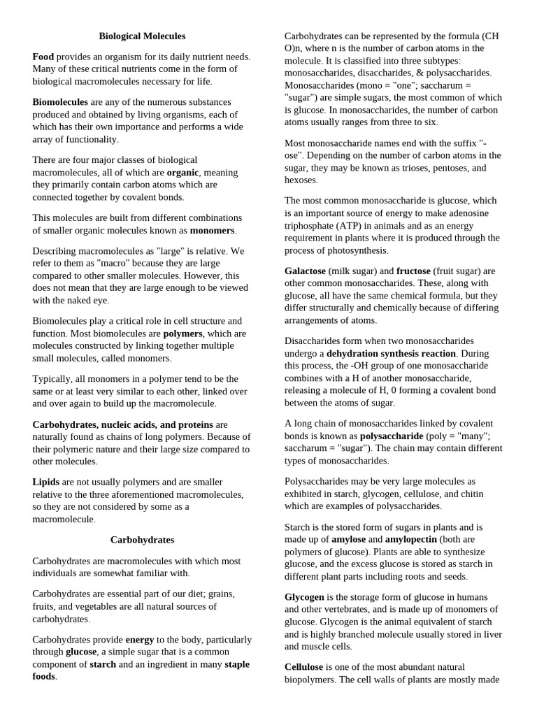 Biological Molecules | PDF | Carbohydrates | Fat