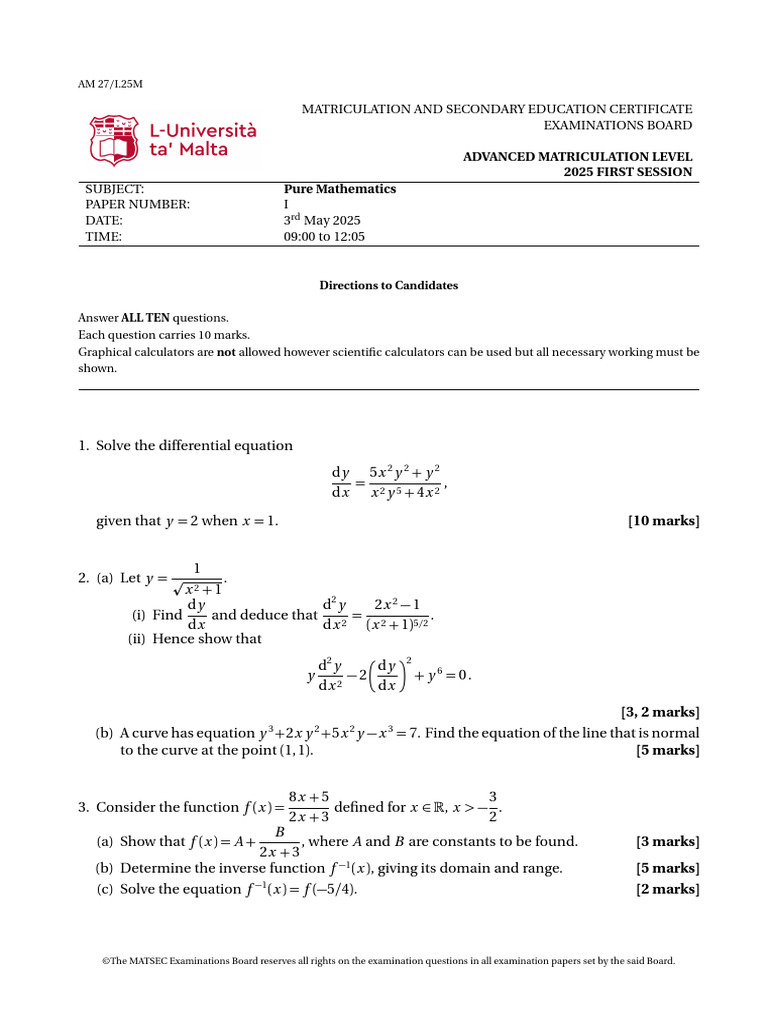 Am Pure Mathematics 1 ST Session 2025 | PDF | Function (Mathematics ...