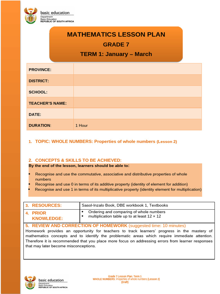 Grade 7 Term 1 Whole Numbers Lesson 2 | PDF | Multiplication | Natural ...