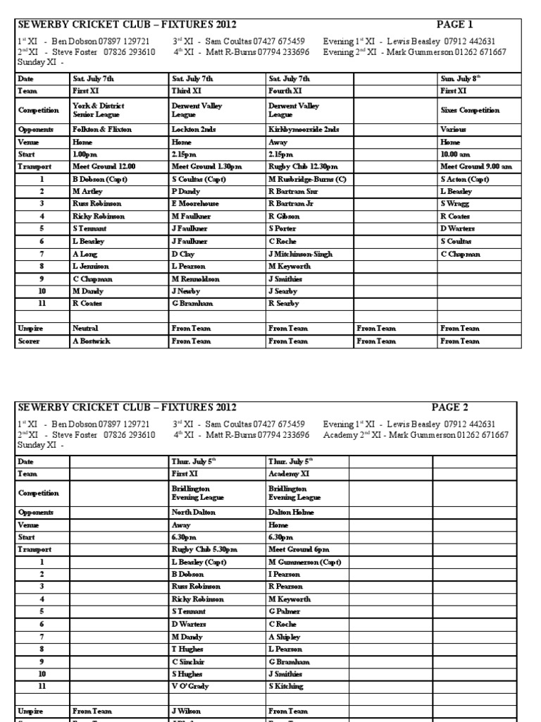 Team Sheets 2012 WK 14 | PDF